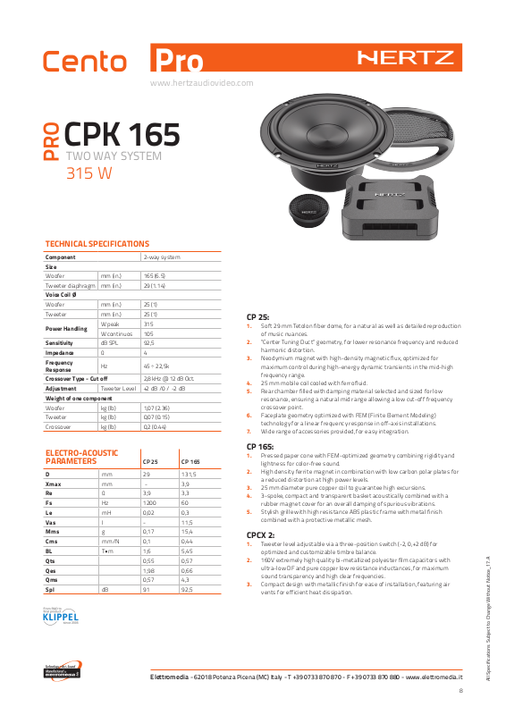 Hertz CPK 165 TECHNICAL SPECIFICATIONS
