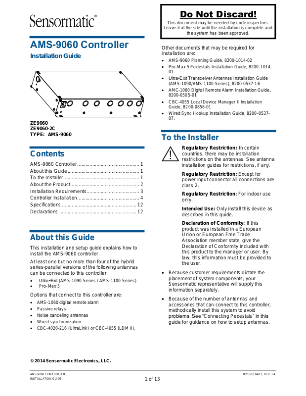 Tyco Safety Sensormatic AMS90602, AMS90604 User Manual